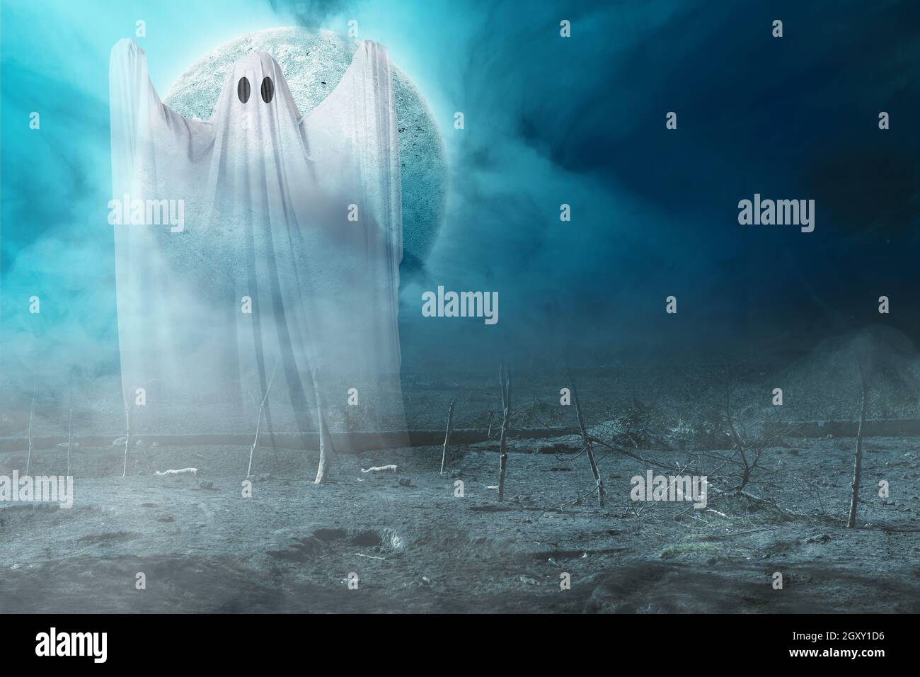 White ghost haunting with a night scene background. Halloween concept ...