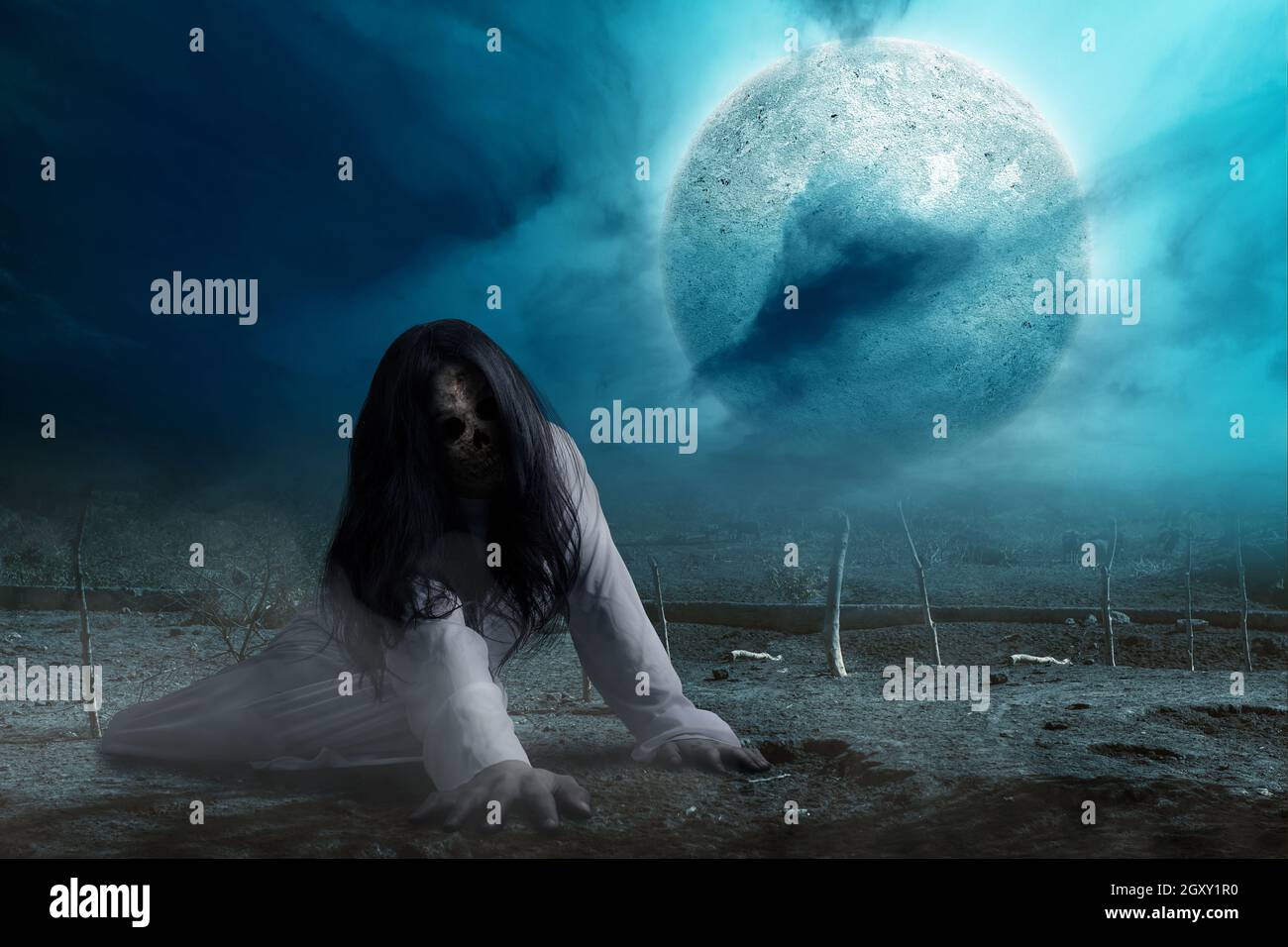 Scary ghost woman crawling with night scene background. Halloween ...