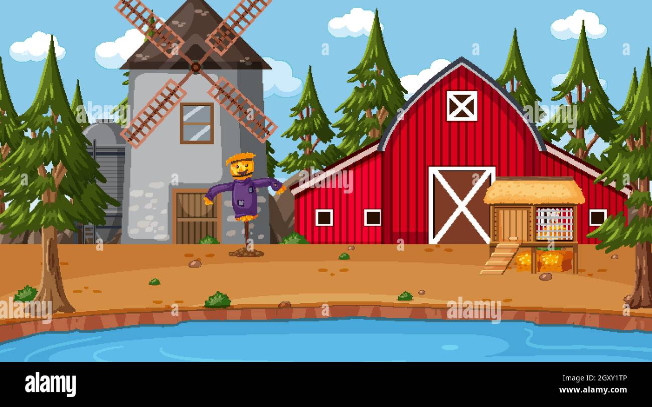 Empty farm scene with red barn and windmill illustration Stock Vector ...