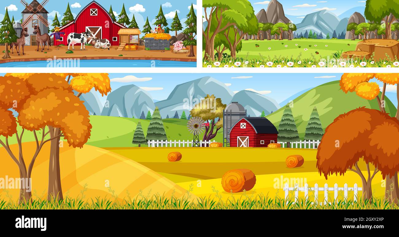 Outdoor panoramic landscape scenes set with cartoon character ...