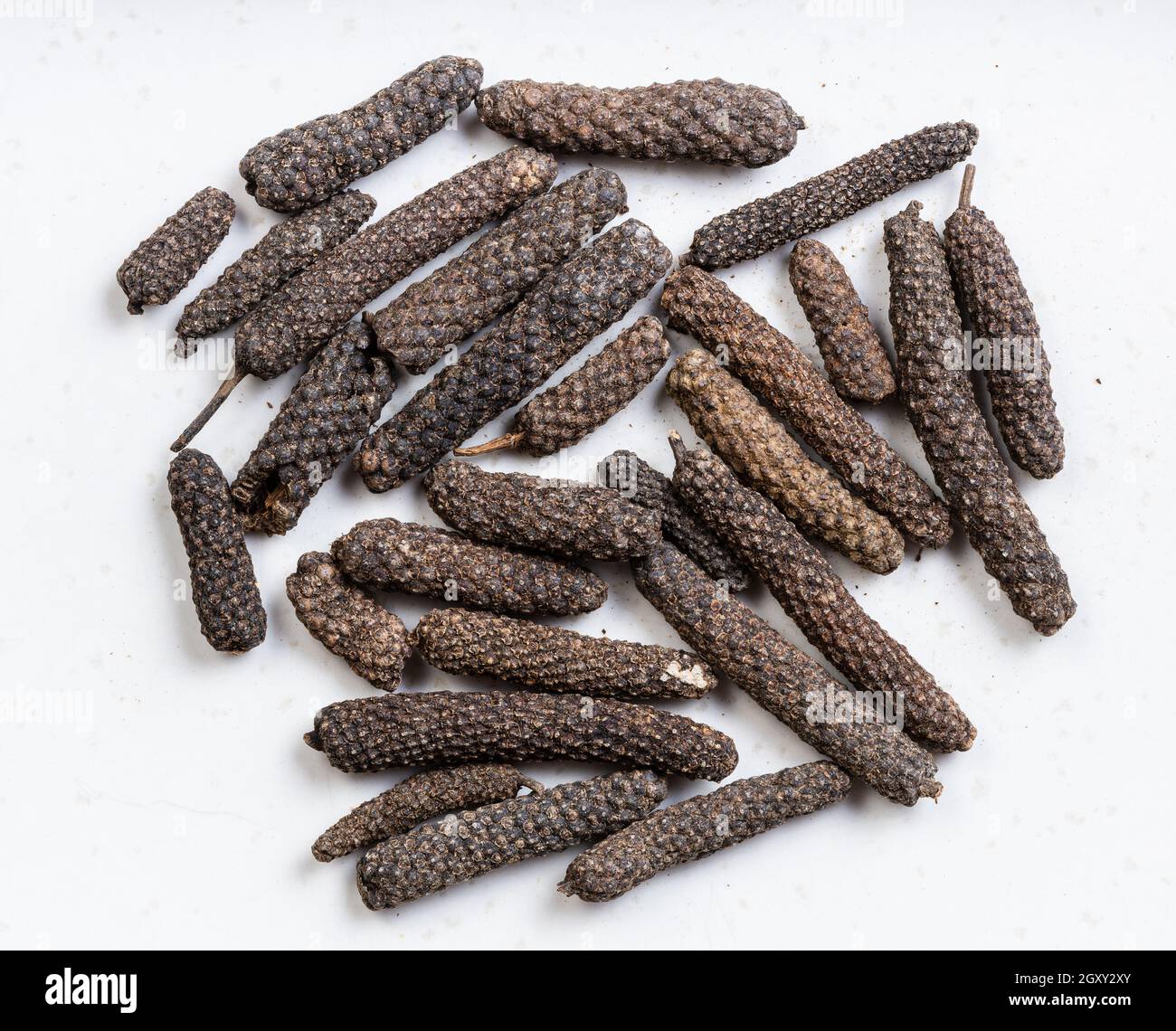 top view of java long pepper close up on gray ceramic plate Stock Photo ...