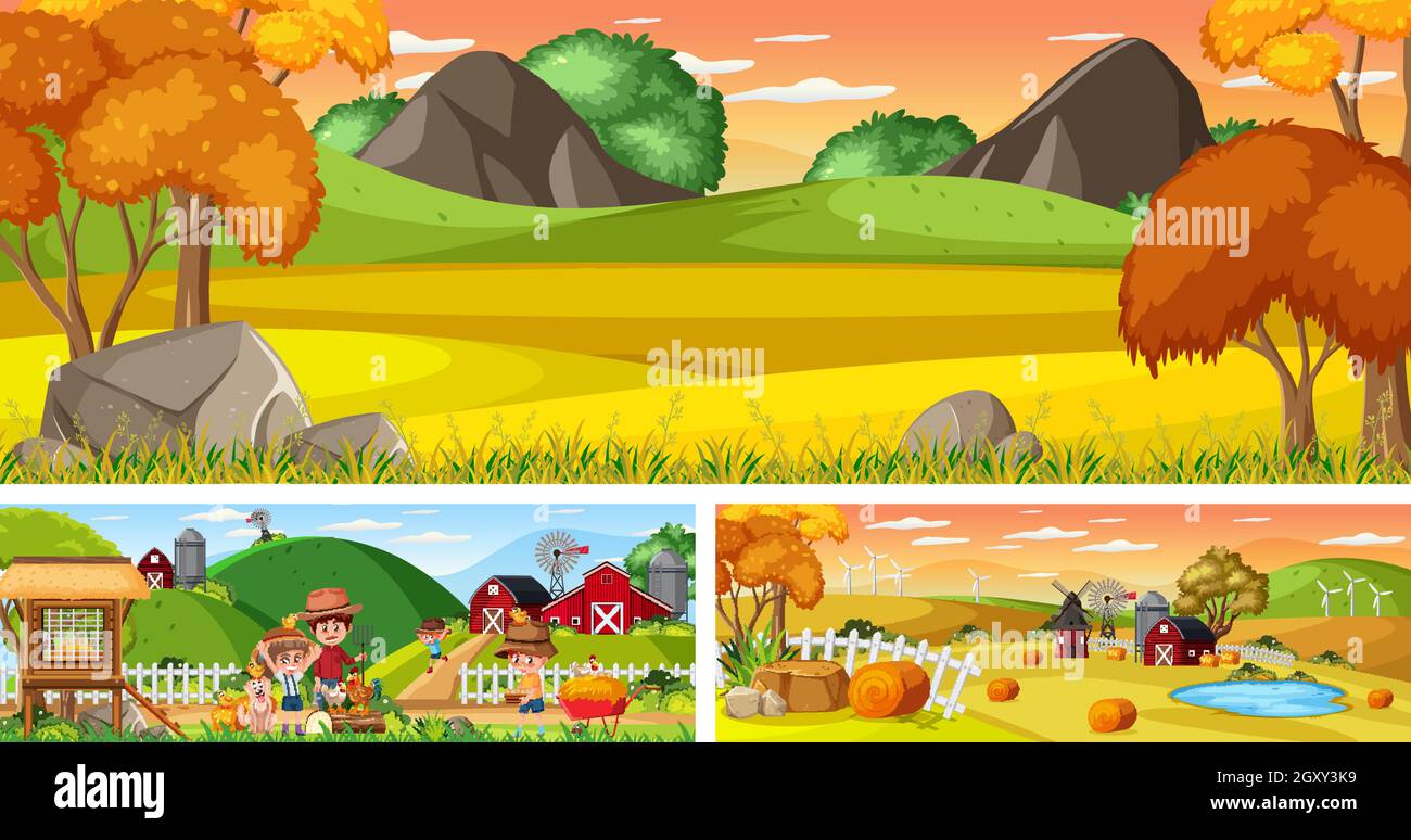 Set of different outdoor panoramic landscape scenes with cartoon ...