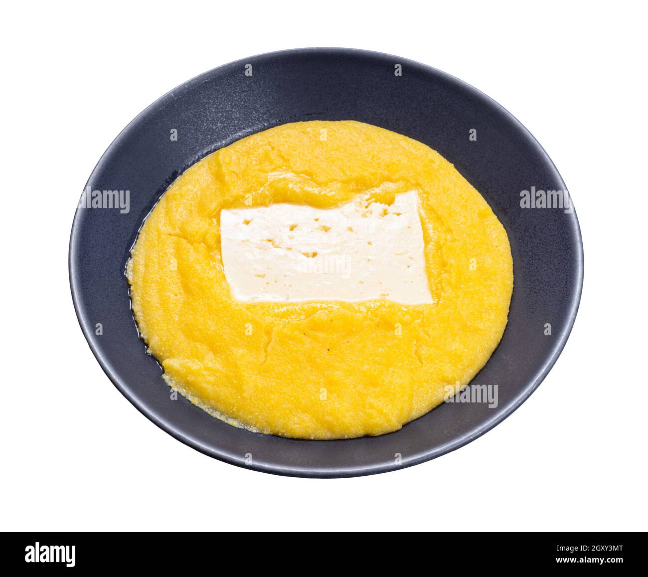 cooked maize porridge with piece of brined cheese in gray bowl isolated ...