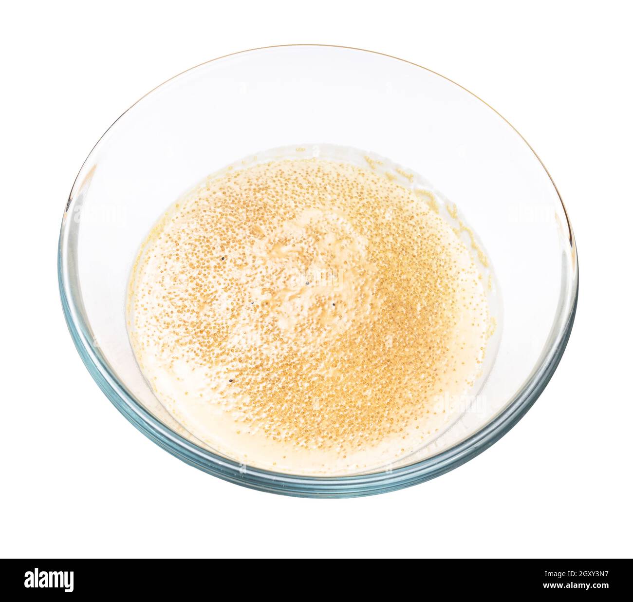 above view of amaranth porridge boiled with coconut milk in glass bowl ...