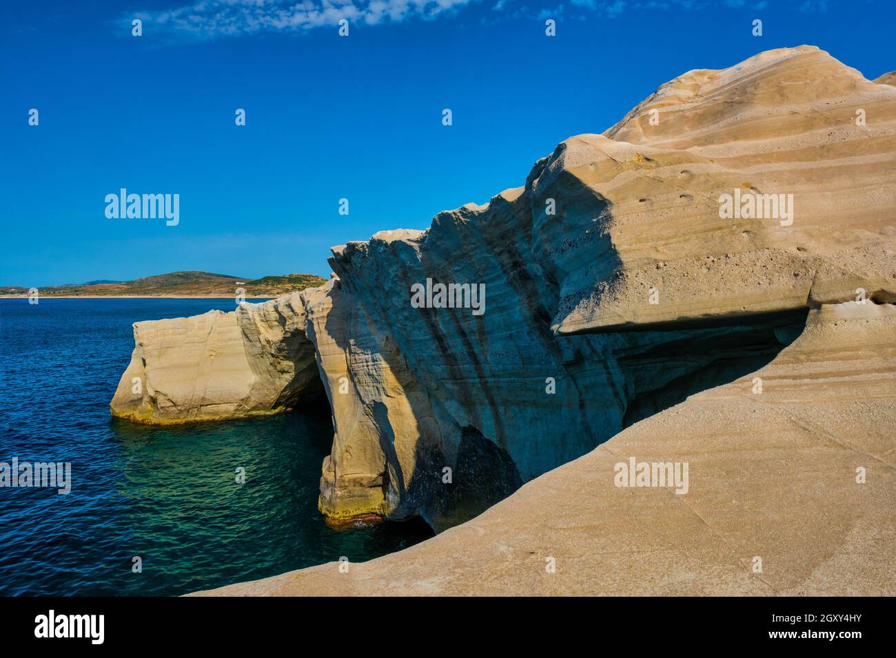 White rocks of famous tourist attraction of Milos island Sarakiniko ...