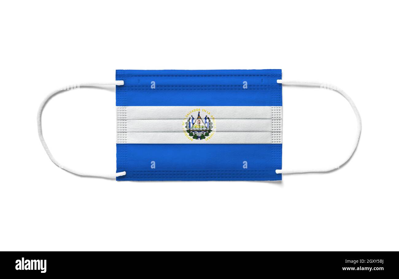 Flag of El Salvador on a disposable surgical mask. White background ...