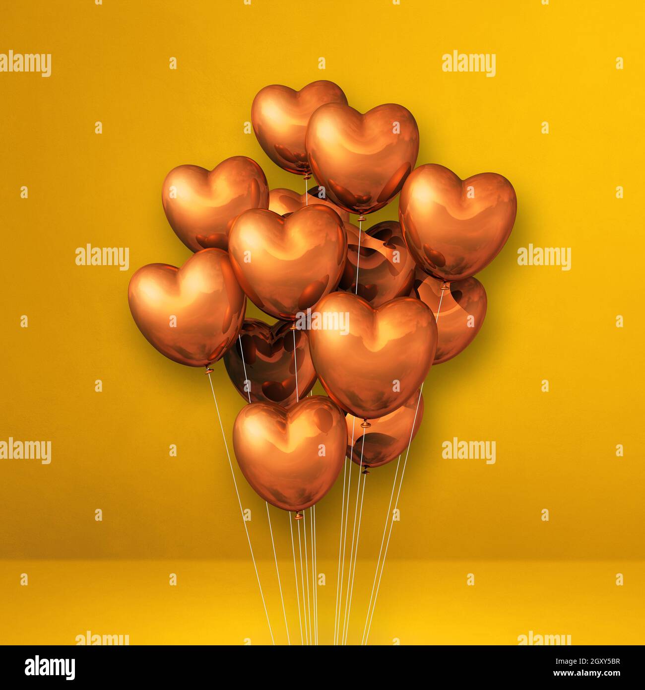 Copper heart shape balloons bunch on a yellow wall background. 3D ...