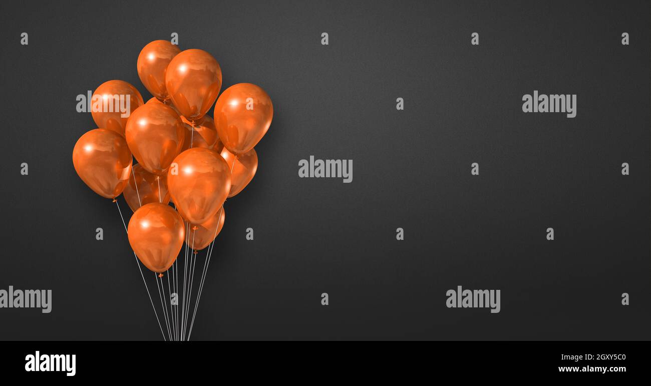 Orange balloons bunch on a black wall background. Horizontal banner. 3D ...