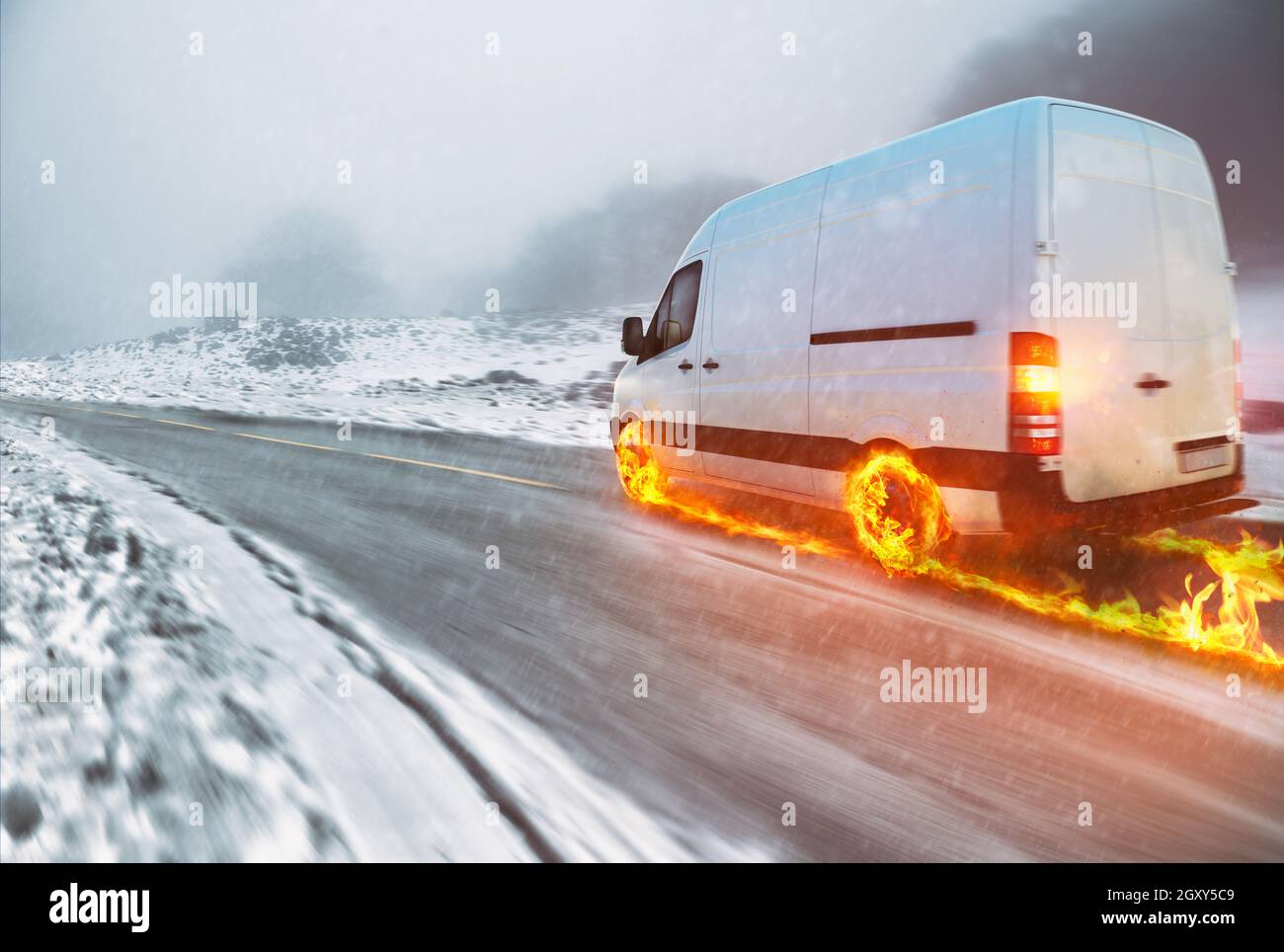 Van runs a snow covered and icy road Stock Photo - Alamy