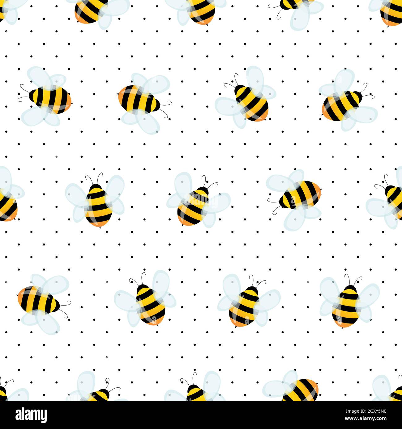 Seamless pattern with bees on white polka dots background. Small wasp ...