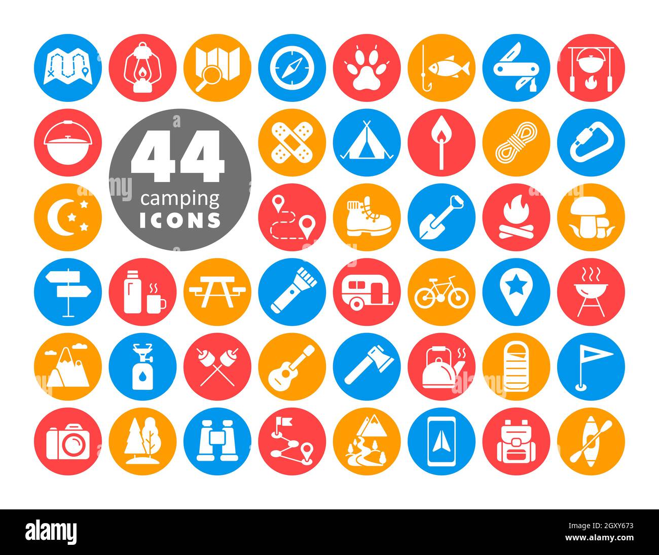 Camping, Hiking, Nature and Outdoor Activities white glyph icons set ...