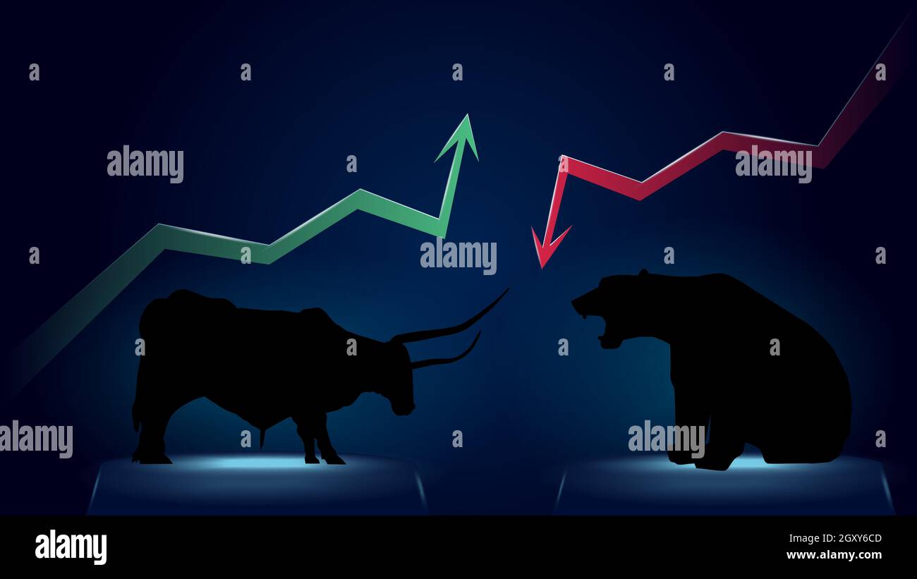 Bullish trend versus bearish trend with green up and red down arrows on ...
