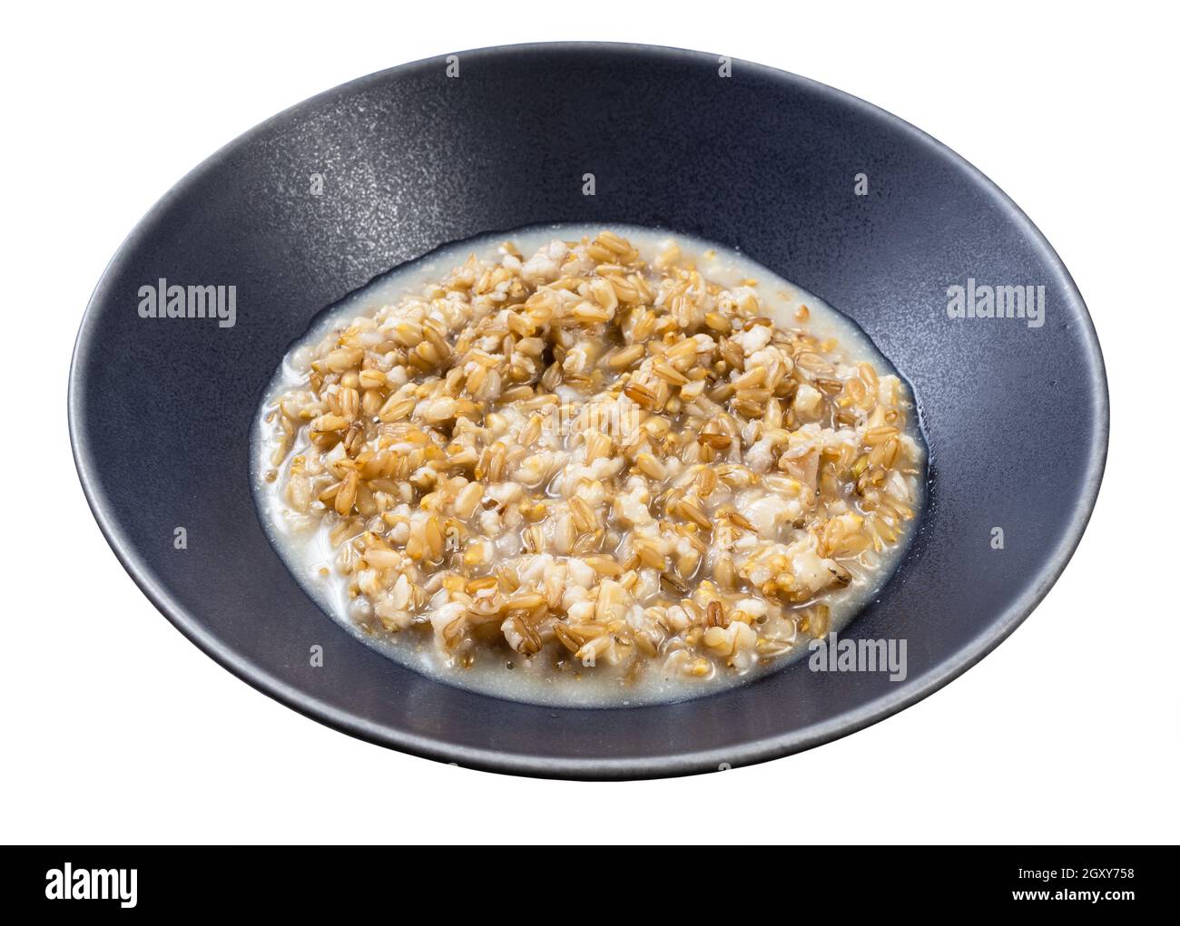 cooked porridge from wholegrain oat in gray bowl isolated on whitte ...