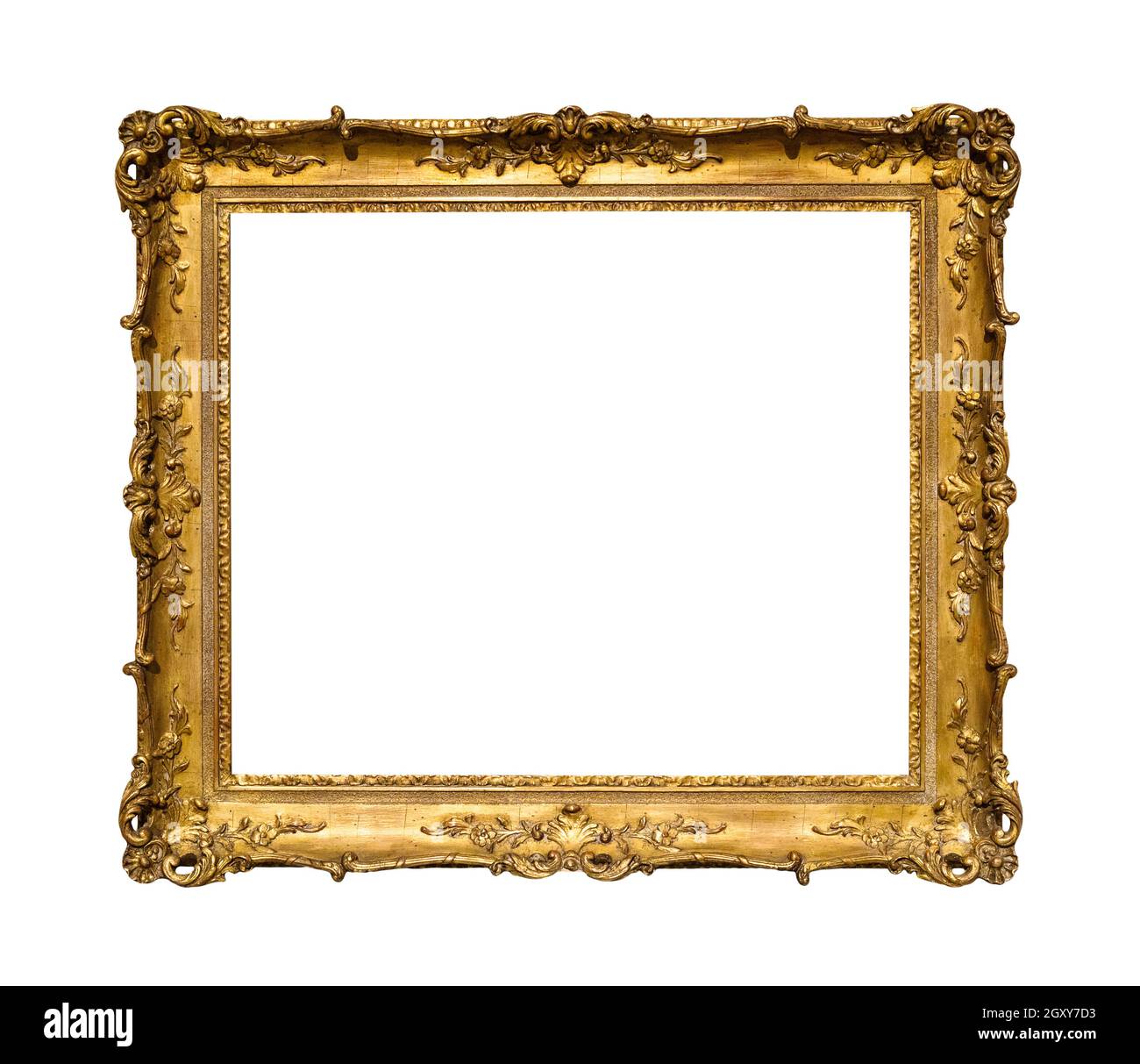 old ornamental golden picture frame with cut out canvas isolated on ...