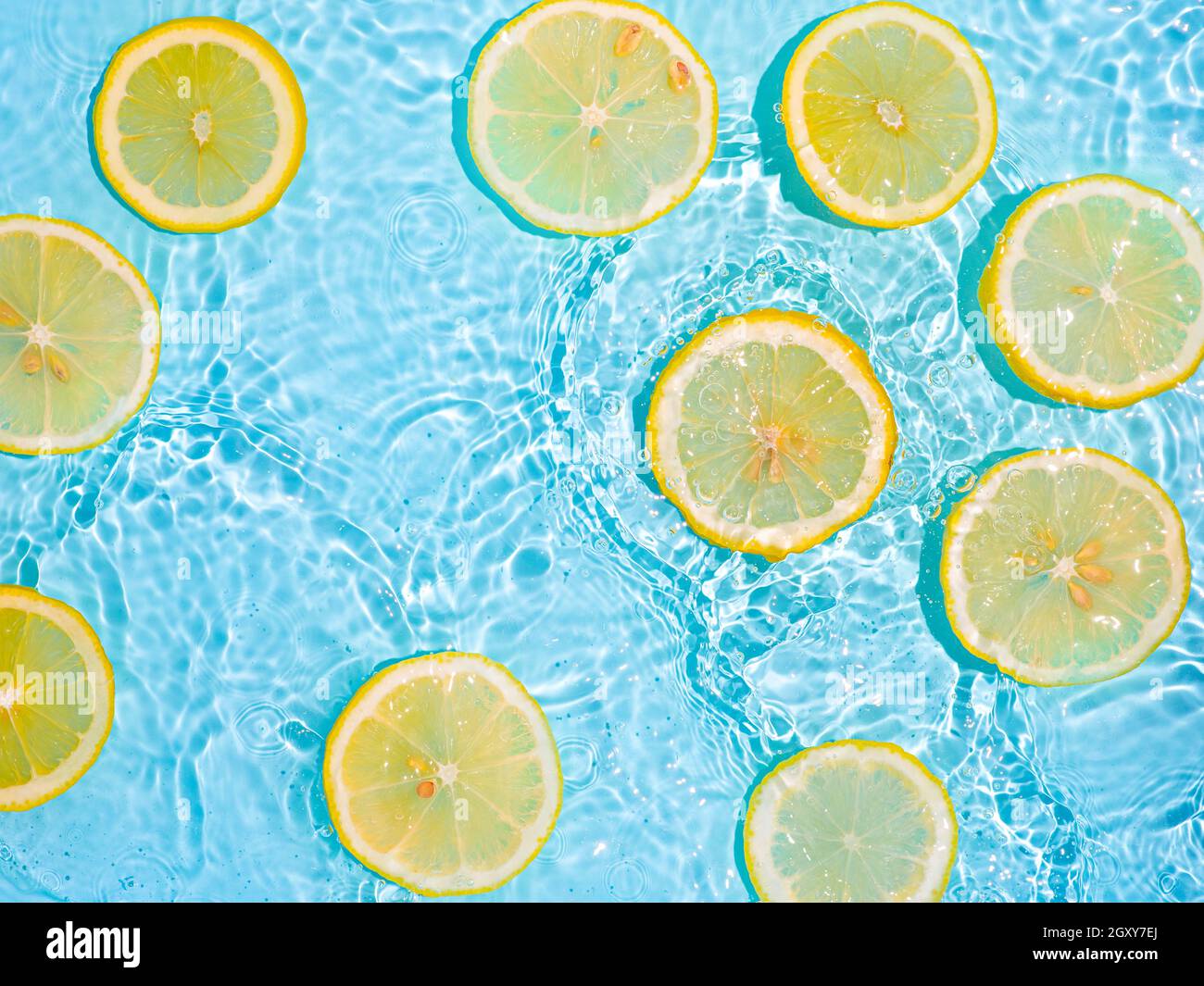 Lemon slices in clean transparent water over blue background with copy ...