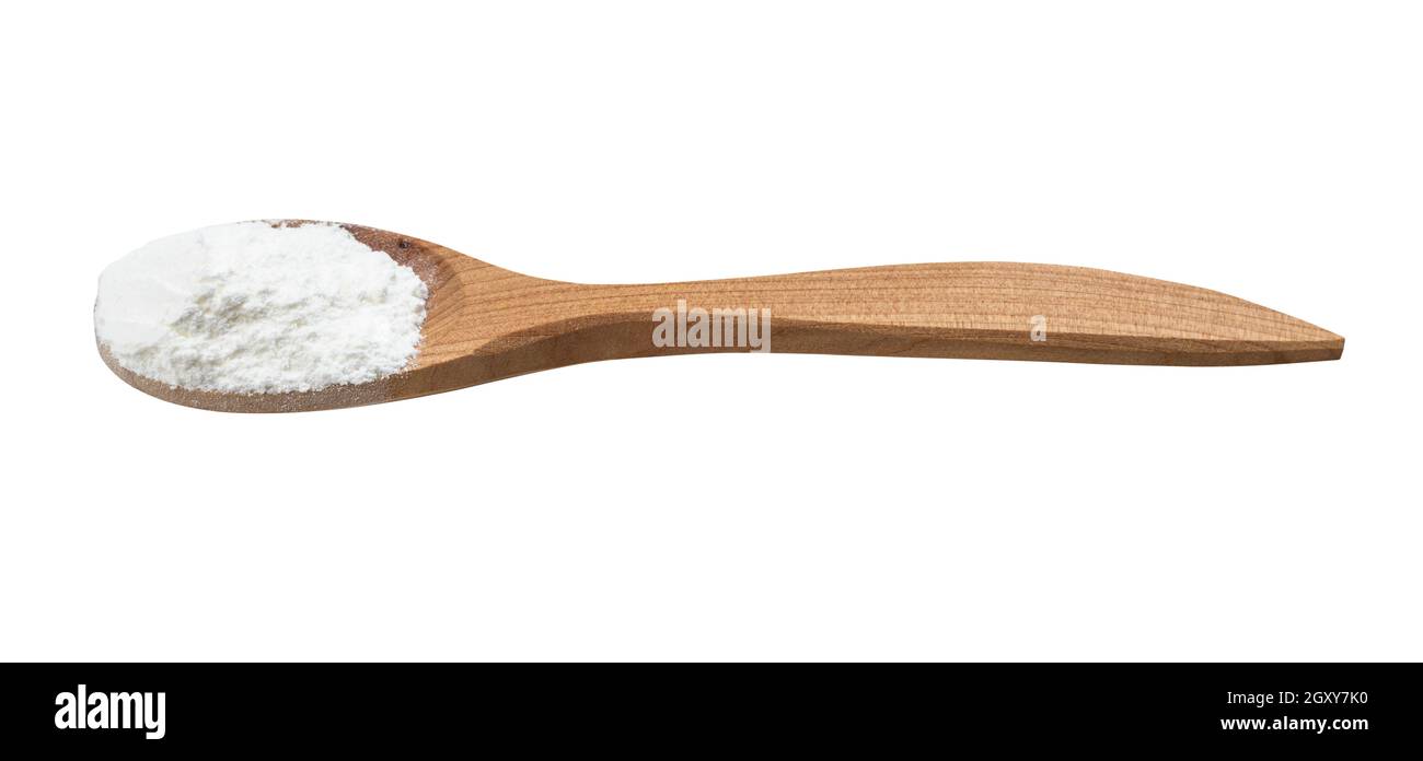 baking powder in wooden spoon isolated on white background Stock Photo ...