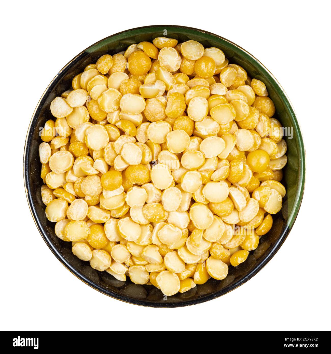 top view of raw dried split yellow peas in round bowl isolated on white ...