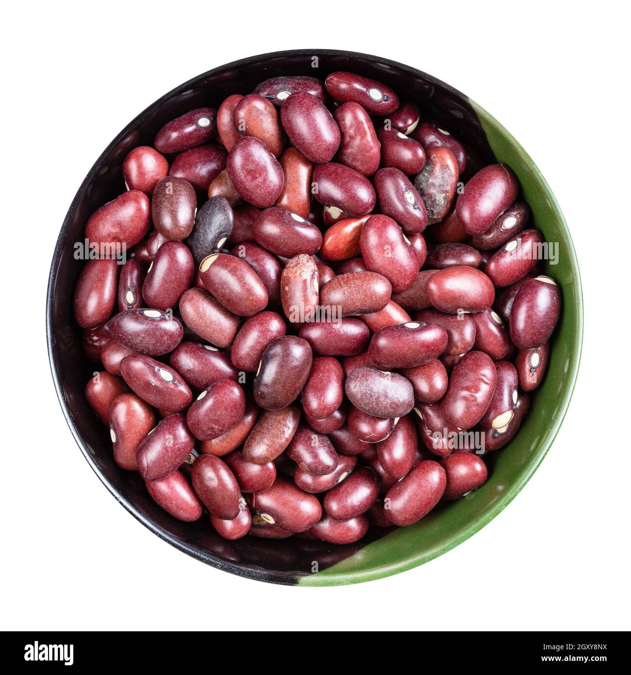 top view of raw mexican red beans in round bowl isolated on white ...