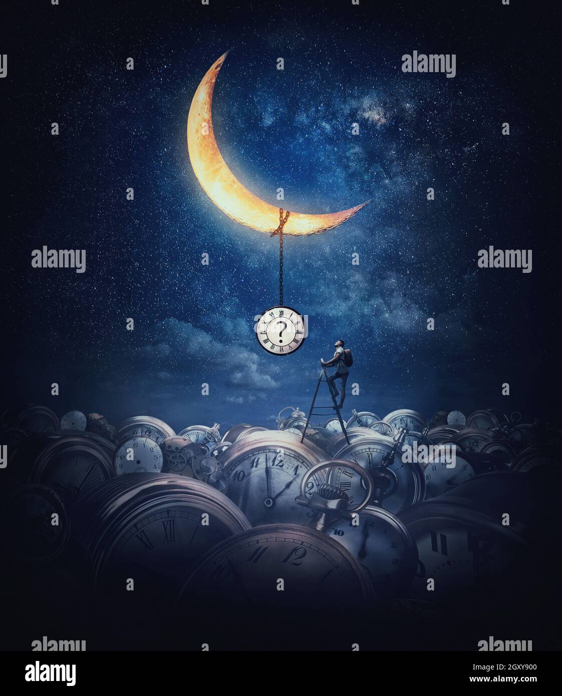 Surreal and magical night scene with a man climbing a ladder, on the ...