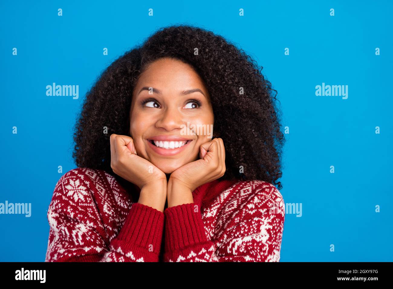 Photo of young black girl happy positive smile hands touch chin dream ...