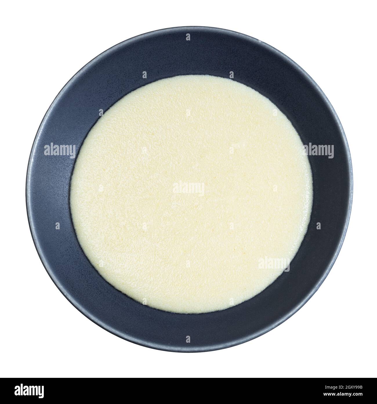 top view of cooked semolina from durum wheat in gray bowl isolated on ...