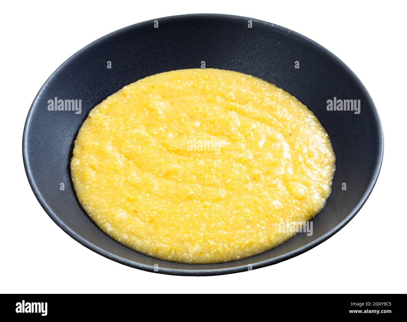 cooked cornmeal porridge in gray bowl isolated on white background ...