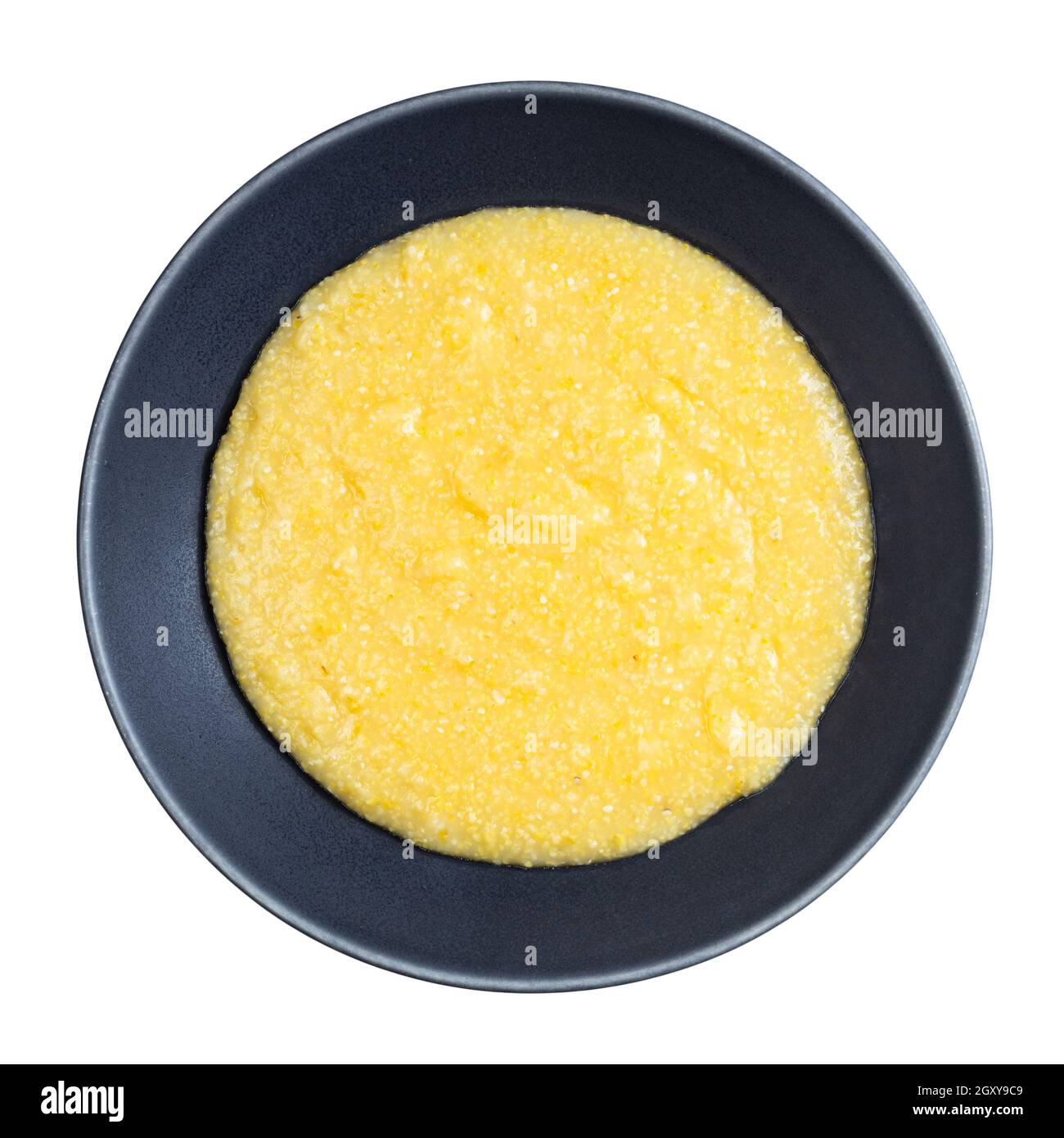 top view of cooked cornmeal porridge in gray bowl isolated on white ...