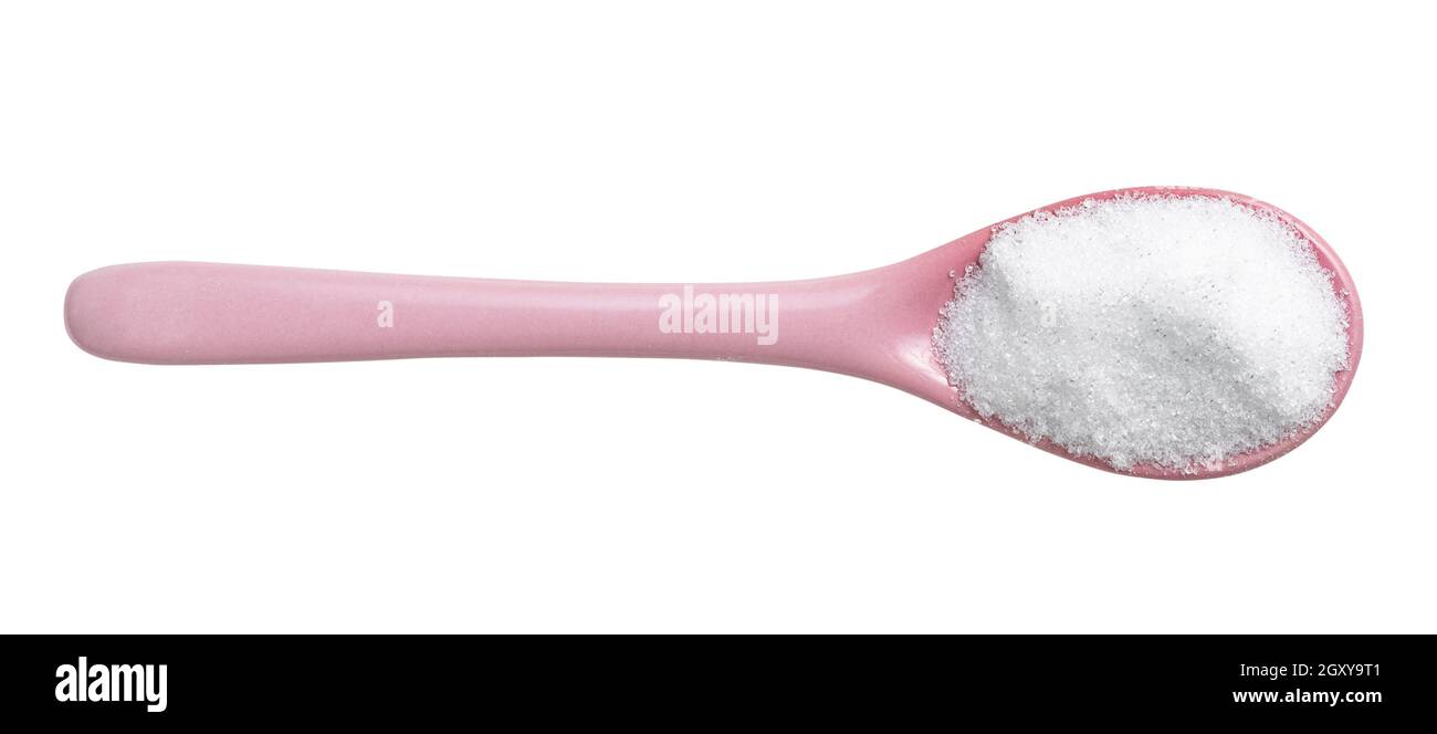 top view of crystalline erythritol sugar substitute in pink ceramic ...