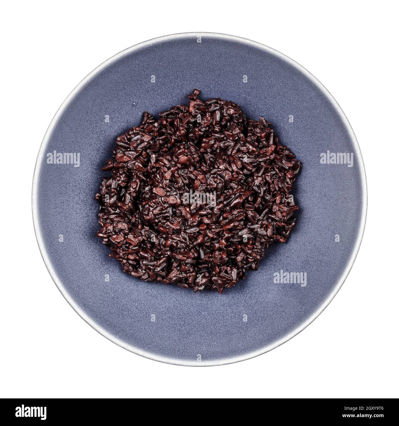 top view of boiled black rice in gray bowl isolated on white background ...