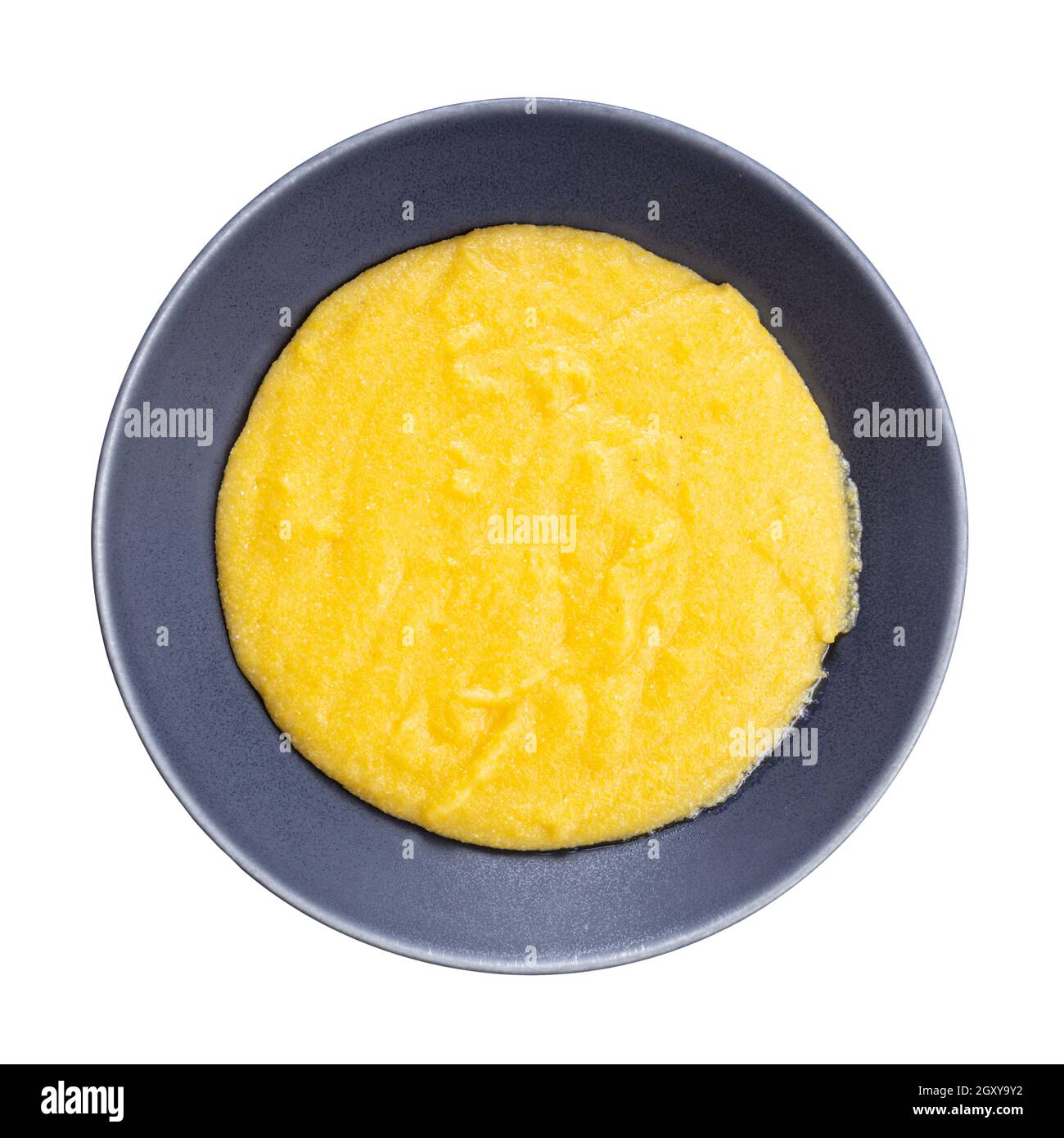 top view of cooked maize porridge in gray bowl isolated on white ...