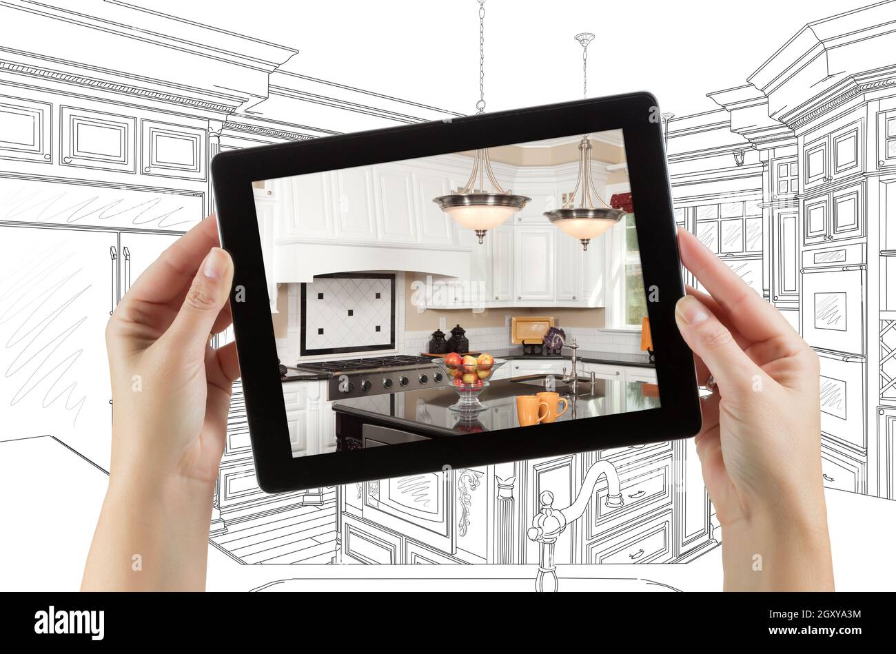 Female Hands Holding Computer Tablet with Kitchen on Screen & Drawing ...
