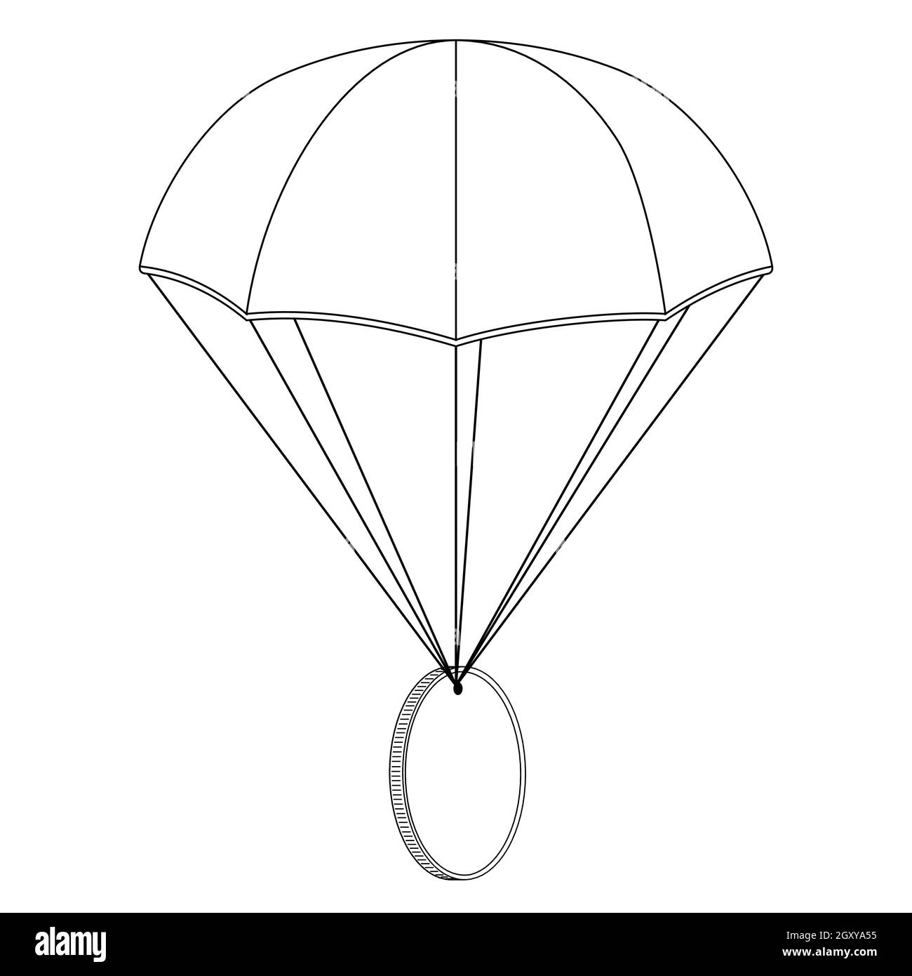 Airdrop concept parachute with coin outline isolated on white. Blank ...