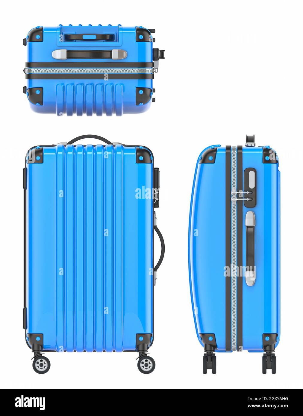 Blue suitcase Front, top and side view 3D render illustration isolated ...
