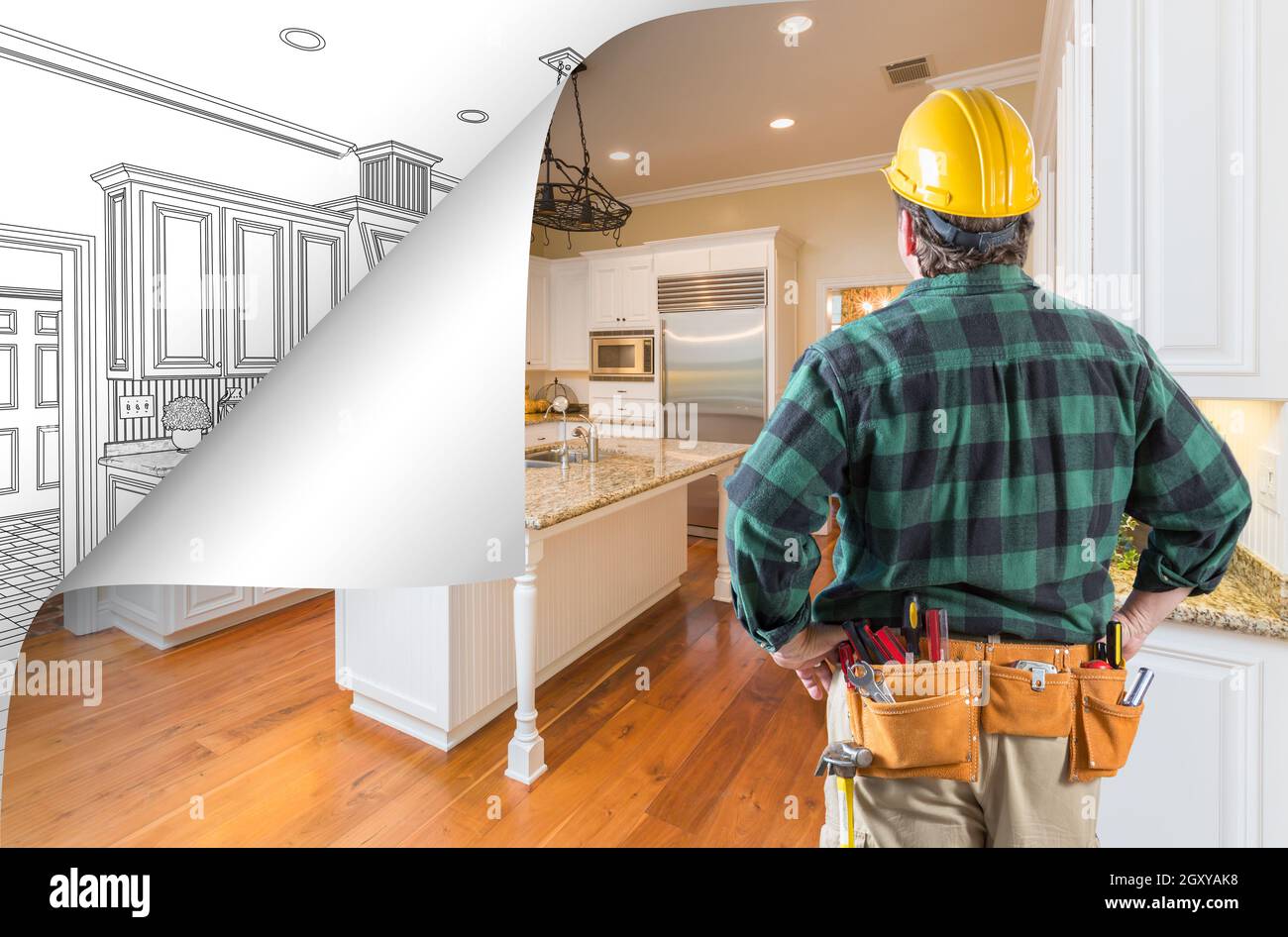 Contractor Facing Kitchen Photo with Page Corner Flipping to Drawing ...