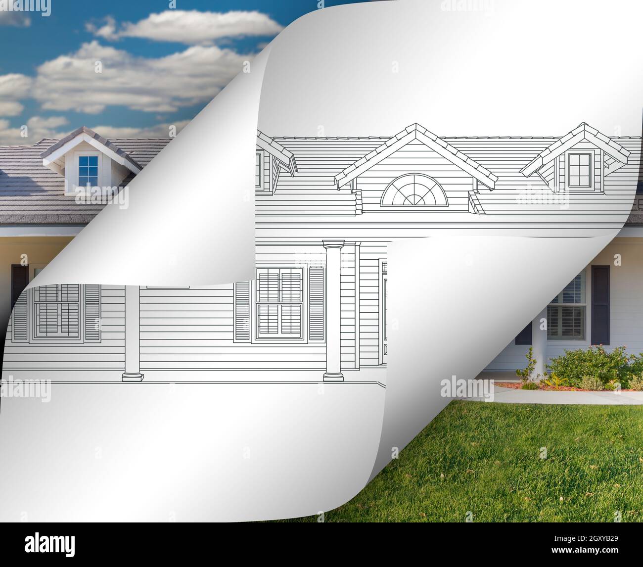 House Drawing Page Corners Flipping with Photo Behind Stock Photo - Alamy