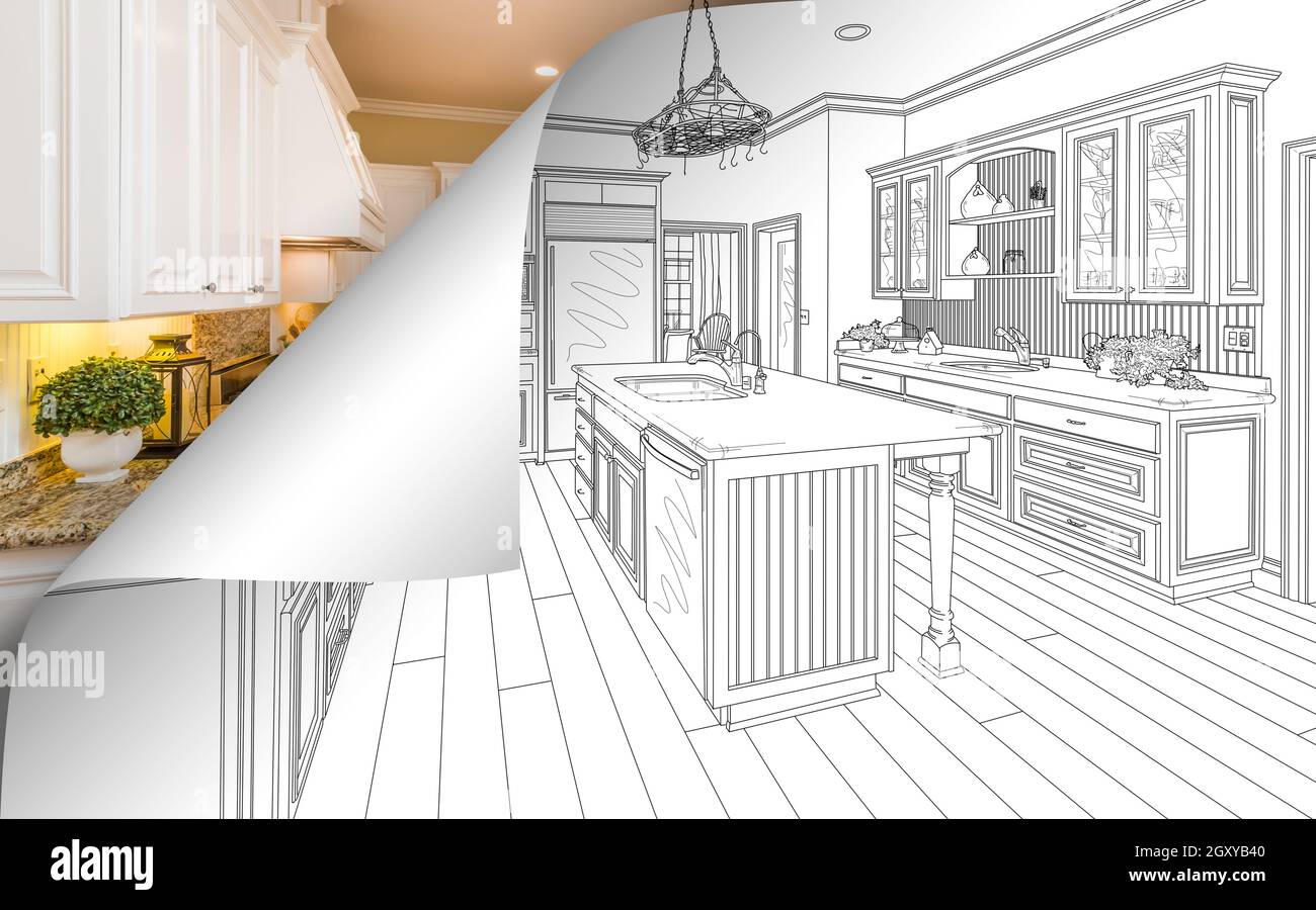 Kitchen Drawing Page Corner Flipping with Photo Behind Stock Photo - Alamy