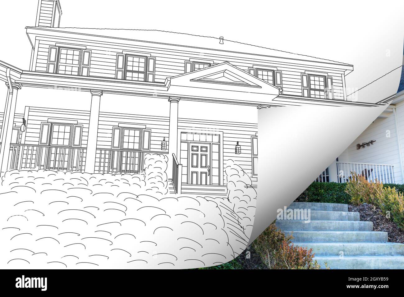 House Drawing Page Corner Flipping with Photo Behind Stock Photo - Alamy