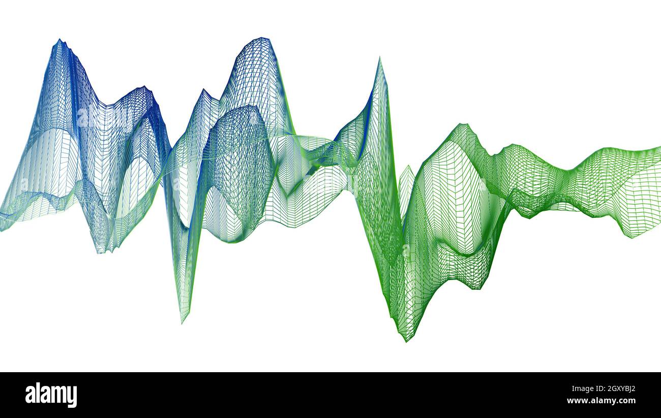 Blue And Green 3d Wireframe Wave Structure Abstract Visualization Of Audio Sound Waves Isolated