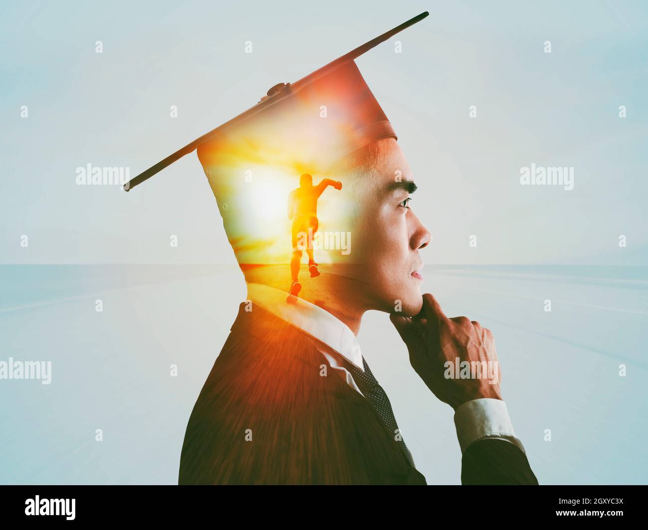 Double exposure of graduation and young man running forward concept ...