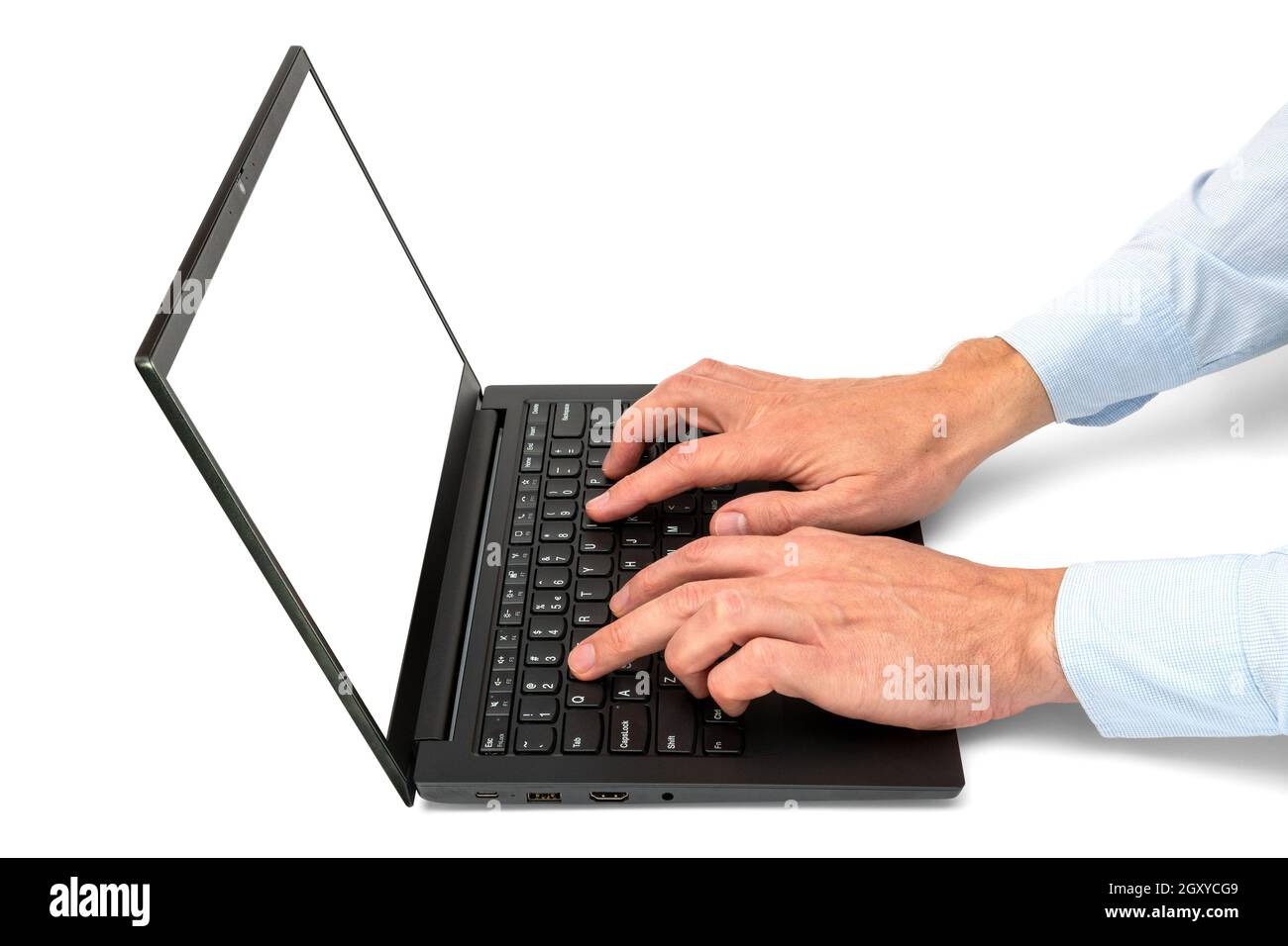 Closeup of the hands are using laptop keyboard with blank white screen ...