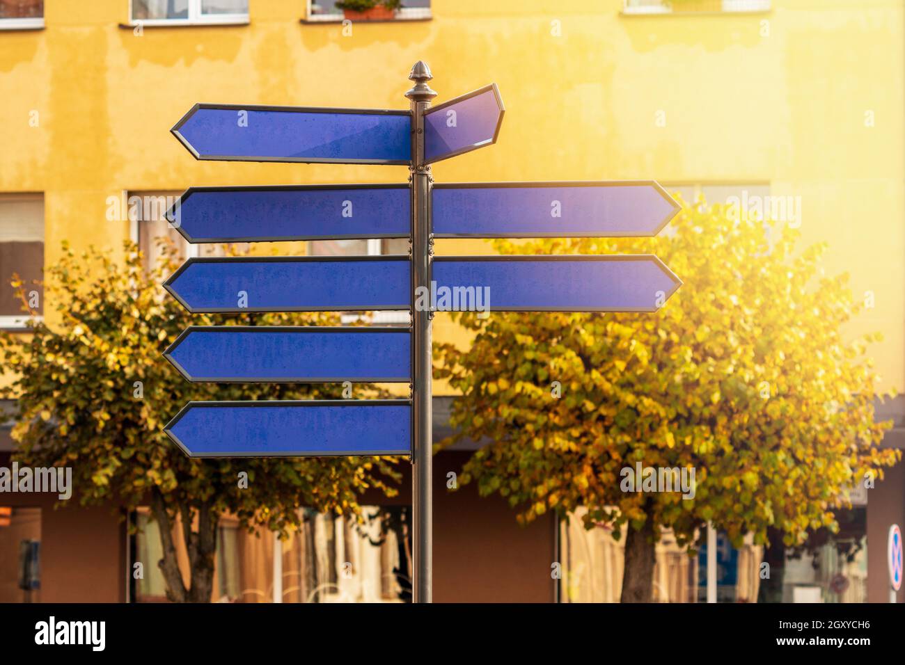 Blue blank directional signs on the city street Stock Photo - Alamy