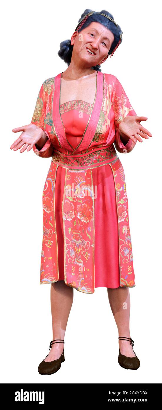 3D rendering of an Asian senior woman in a traditional red dress ...
