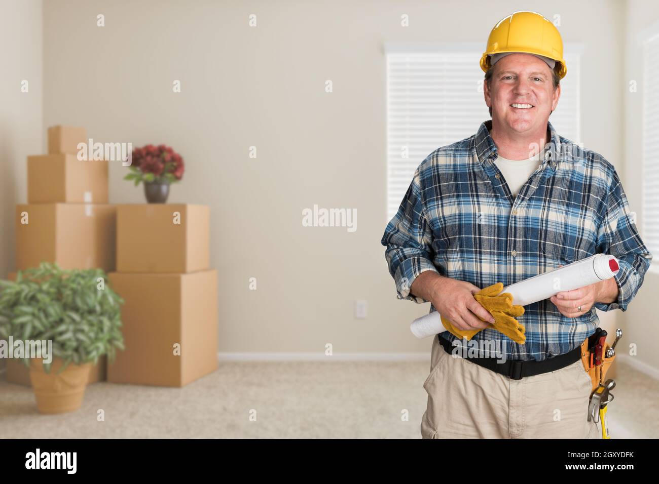 Contractor With Plans and Hard Hat Inside Empty Room with Moving Boxes ...