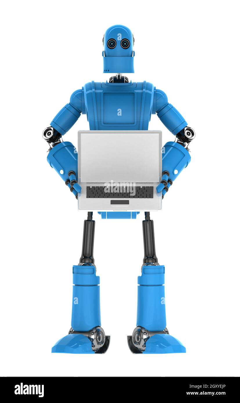 Robot holding laptop with copyspace available on the computer screen ...