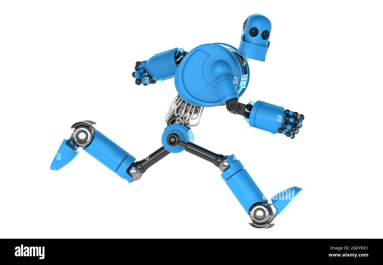 Running blue robot. Isolated on white Stock Photo - Alamy