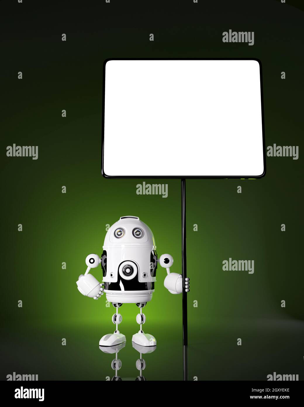 Android robot with blank board. Rendered on dark background Stock Photo ...