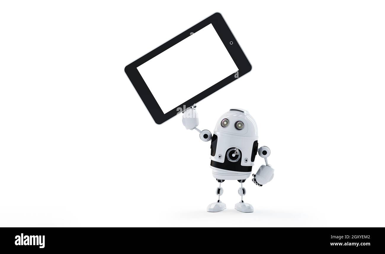 Android robot holding blank screen tablet. Advertising concept Stock ...