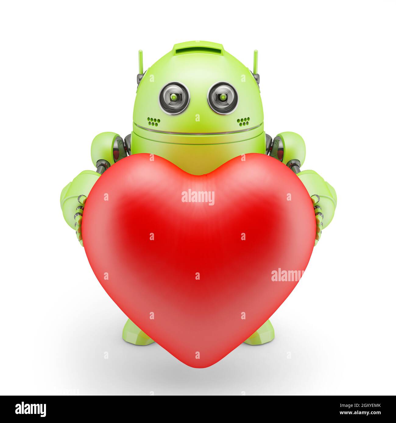 Cute green robot with big red heart. Rendered over white background ...