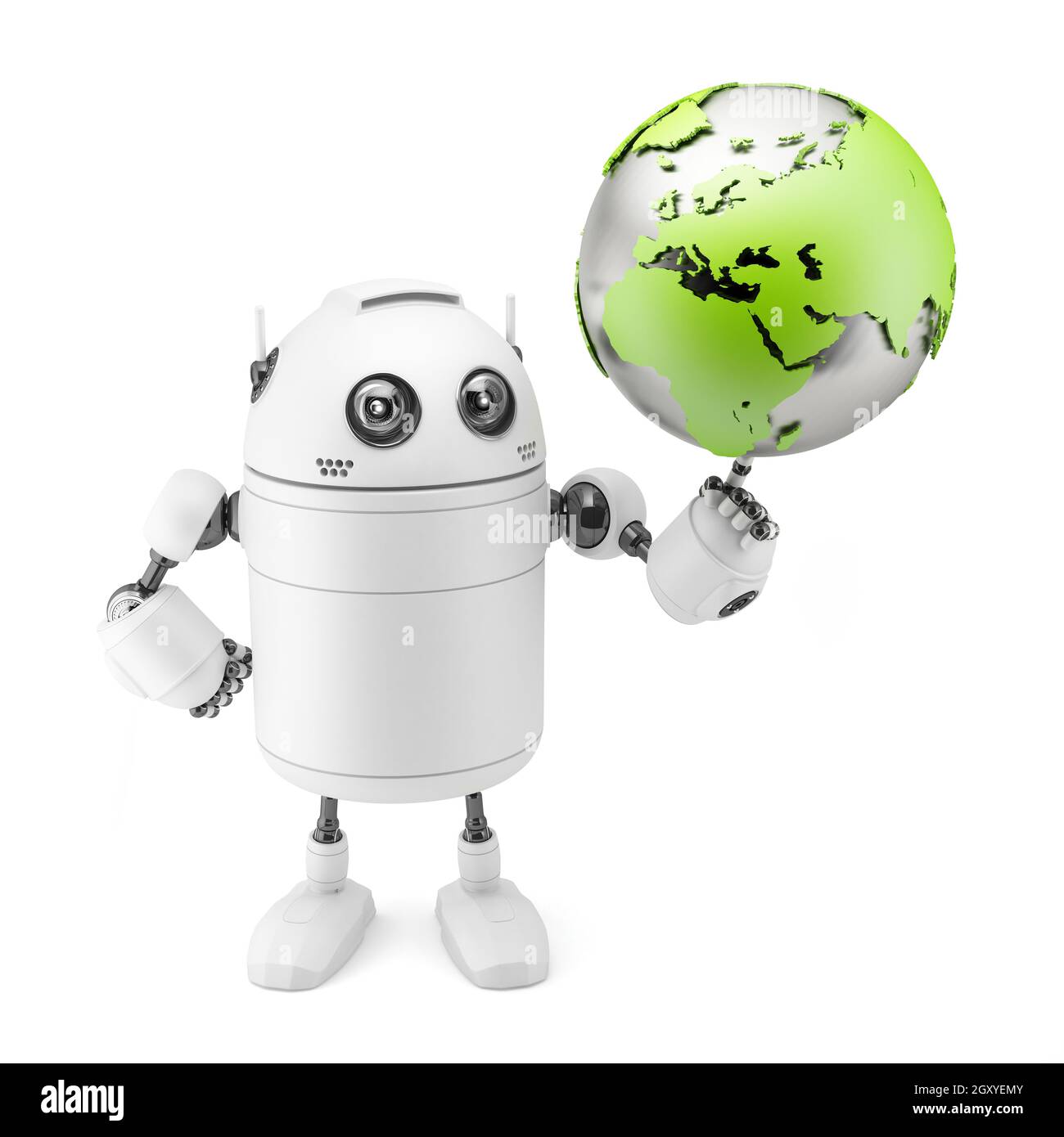 Cute white robot holding globe. Isolated on white background Stock ...