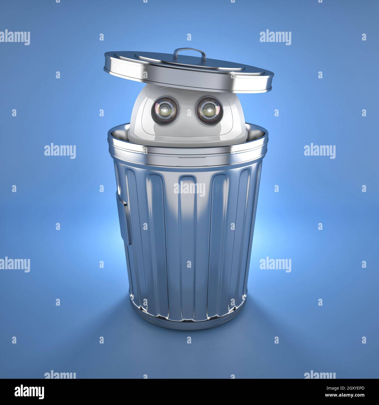 Android robot inside trash bin. Electronic recycle concept Stock Photo ...